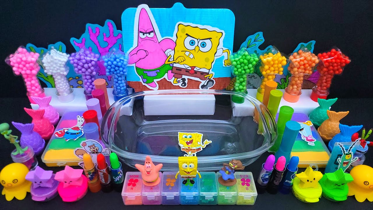 SpongeBob SquarePants slime - Mixing makeup, glitter, emerald and ...