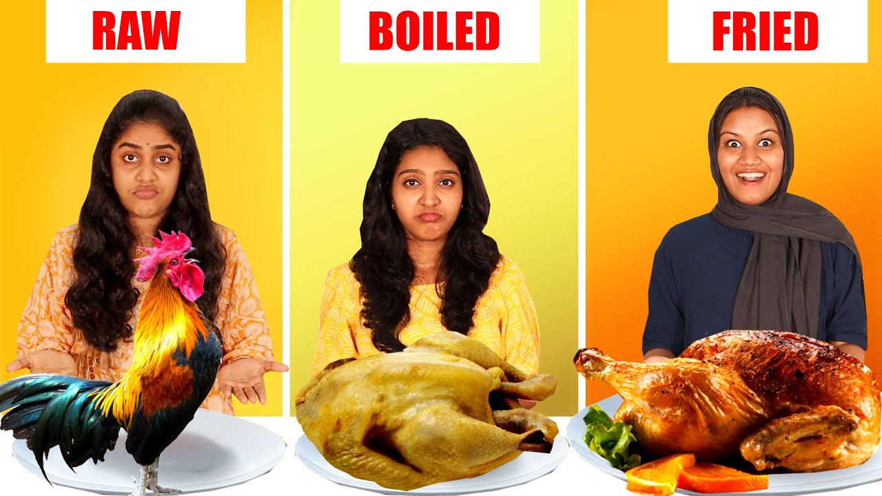 RAW VS BOILED VS FRIED FOOD CHALLENGE🤩 | പച്ച ചിക്കൻ പച്ച കോഴിമുട്ട പണി ...