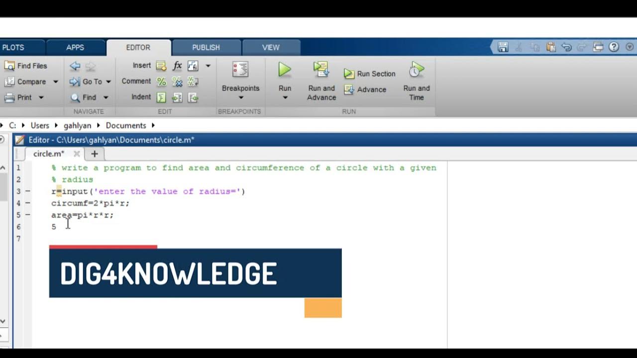 MATLAB Circumference and area of circle - YouTube