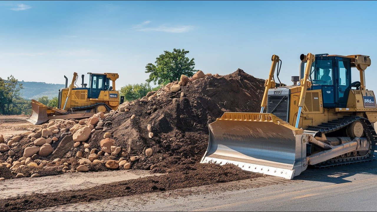 The bulldozers push a large pile of dirt. A new road construction site ...