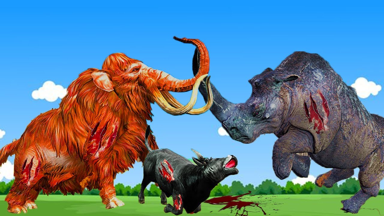 Mammoth vs Rhinoceros Fight Giant Bull Rescue Wild Animal Revolt Battle ...
