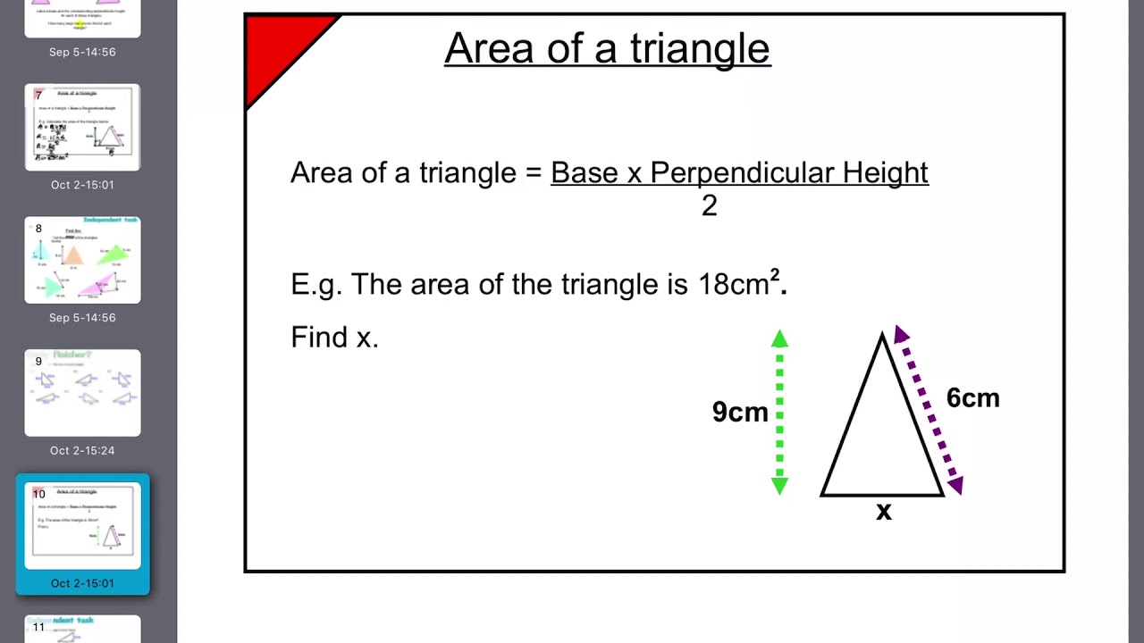 Unit6 lesson 4 given the area of a triangle find a missing length - YouTube