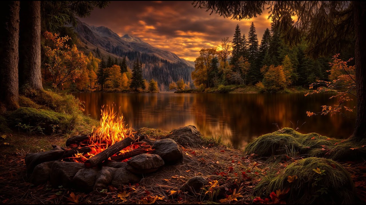 Peaceful Fall Campfire 🌲 Gentle Fire Crackling & Forest Lake Ambience ...