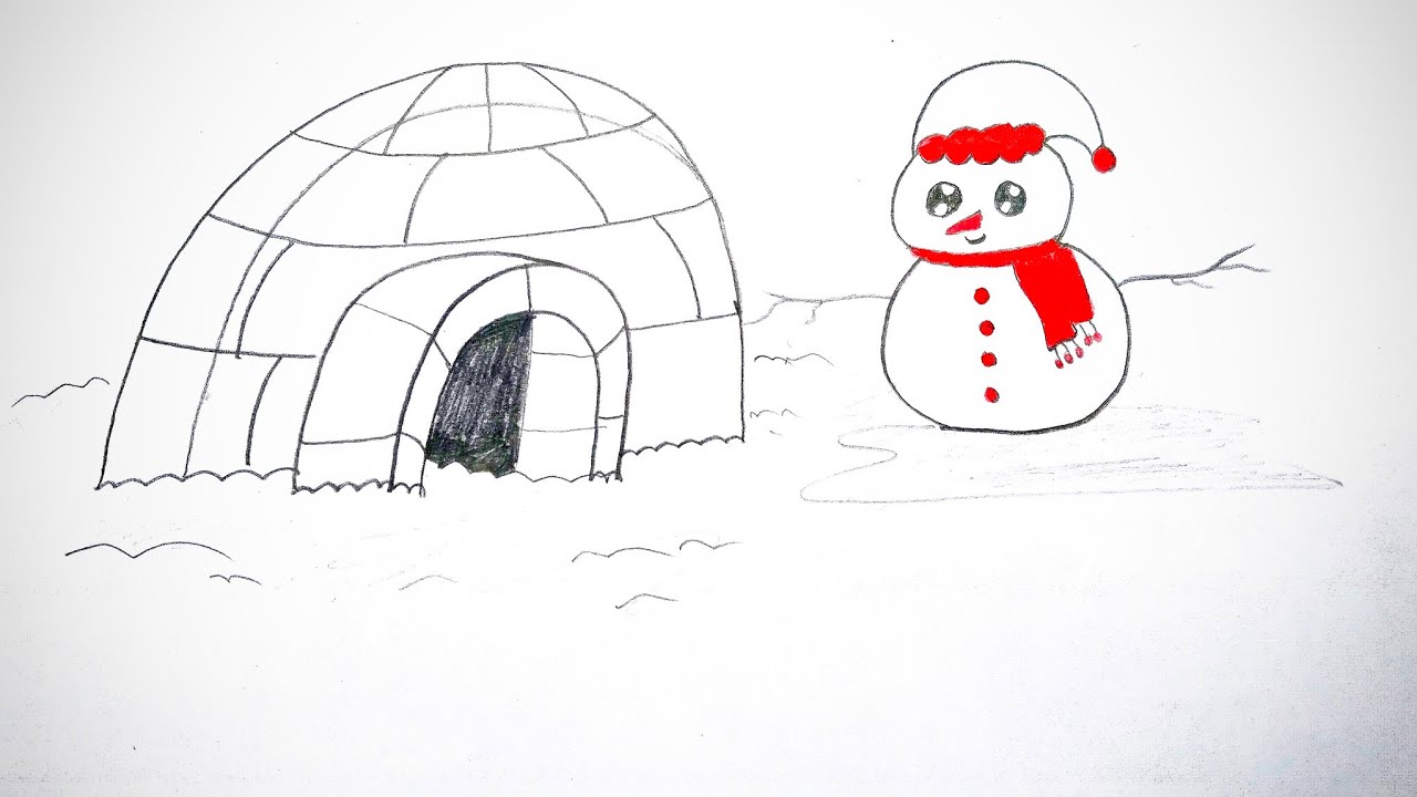 | how to draw a igloo and snowman drawing | pencil sketch easy tutorial ...