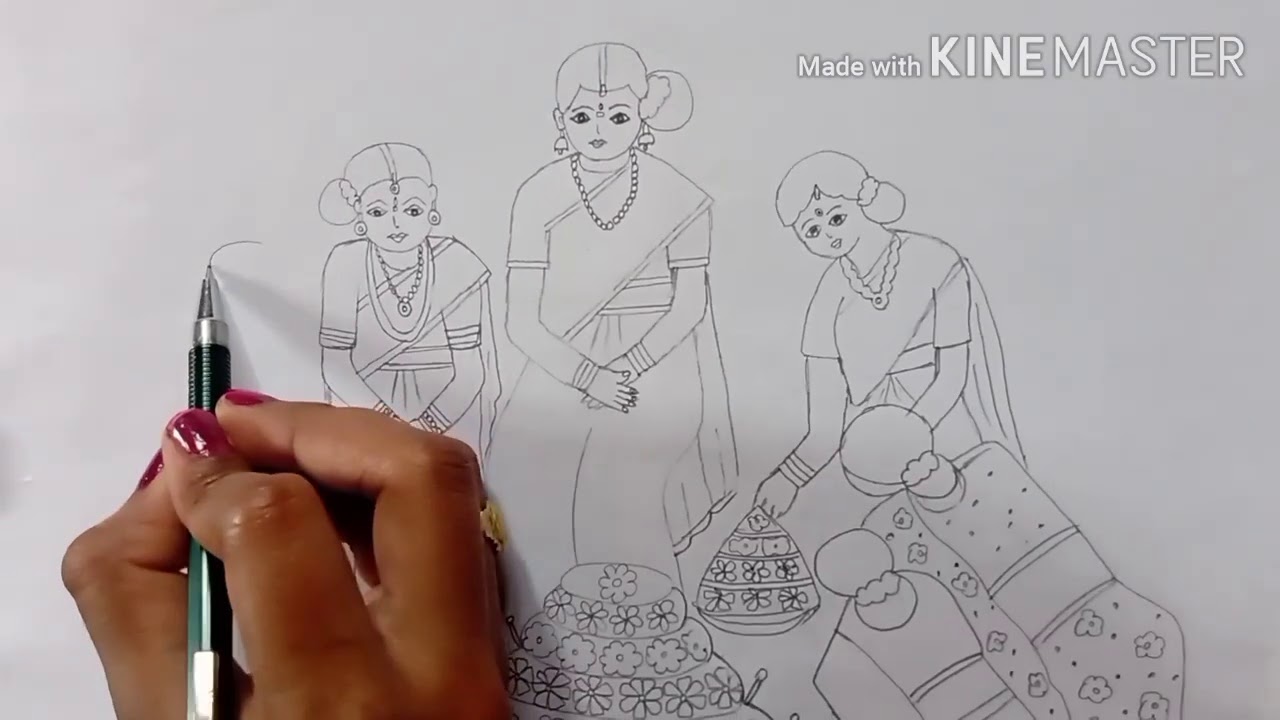 How to draw a beautiful bathukamma art step by step | NK PANS Creations ...