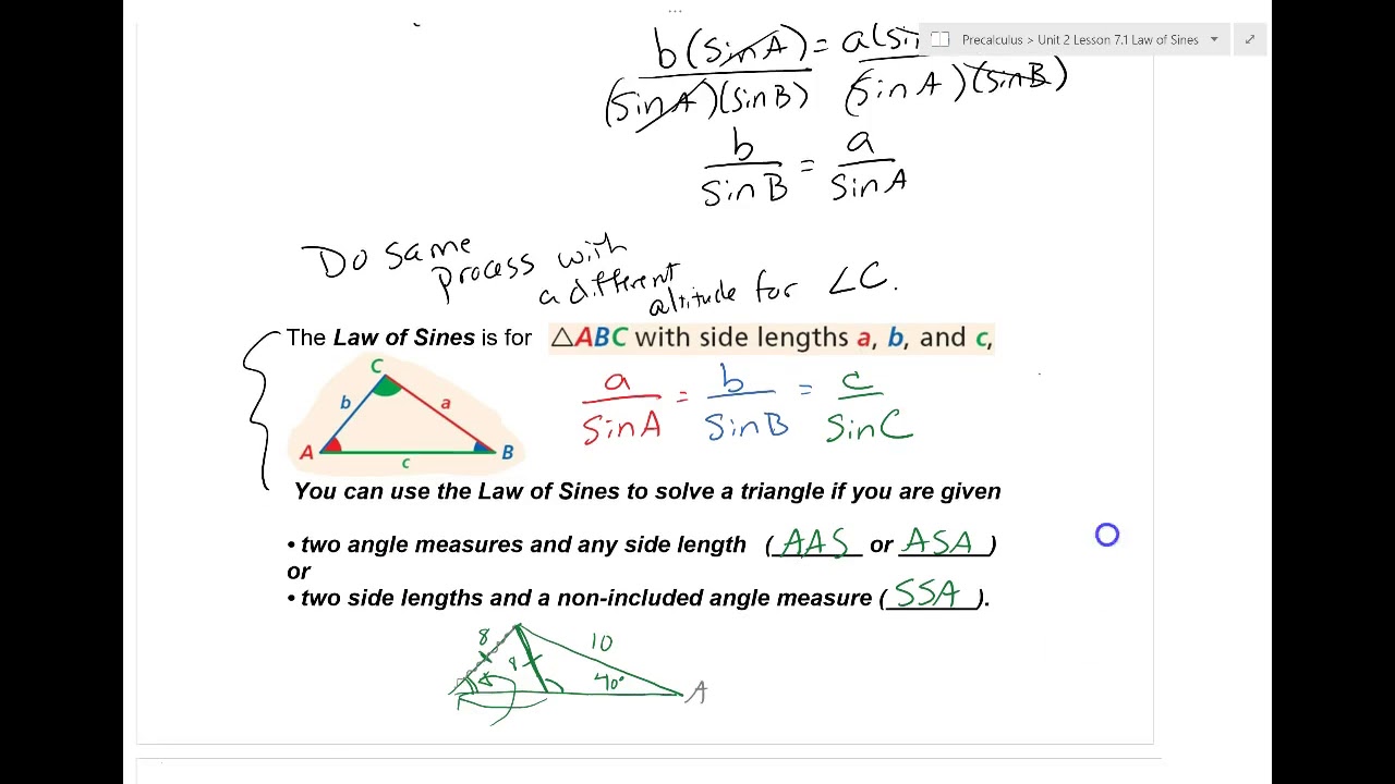 Lesson 7.1 Law of Sines Notes - Precalc Intro - YouTube