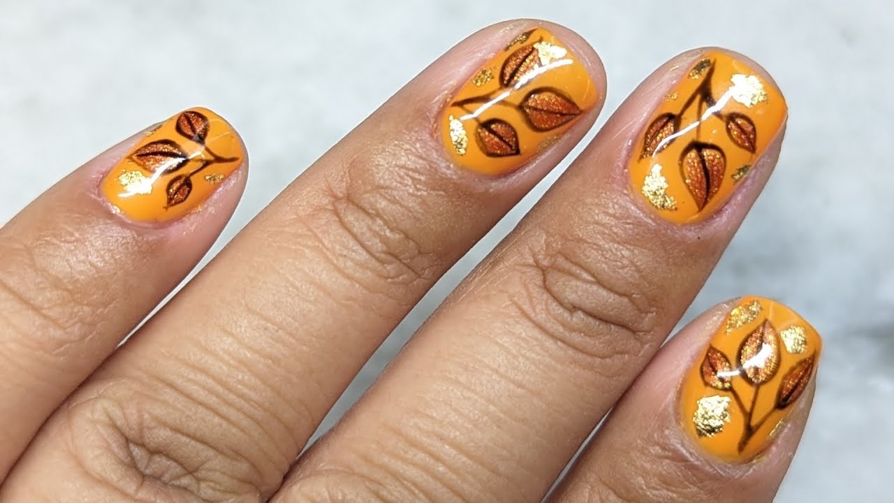 Autumn/Otoño Nail Art/Ojas Con Gold Flakes #orange #nailart #uñas #fall ...