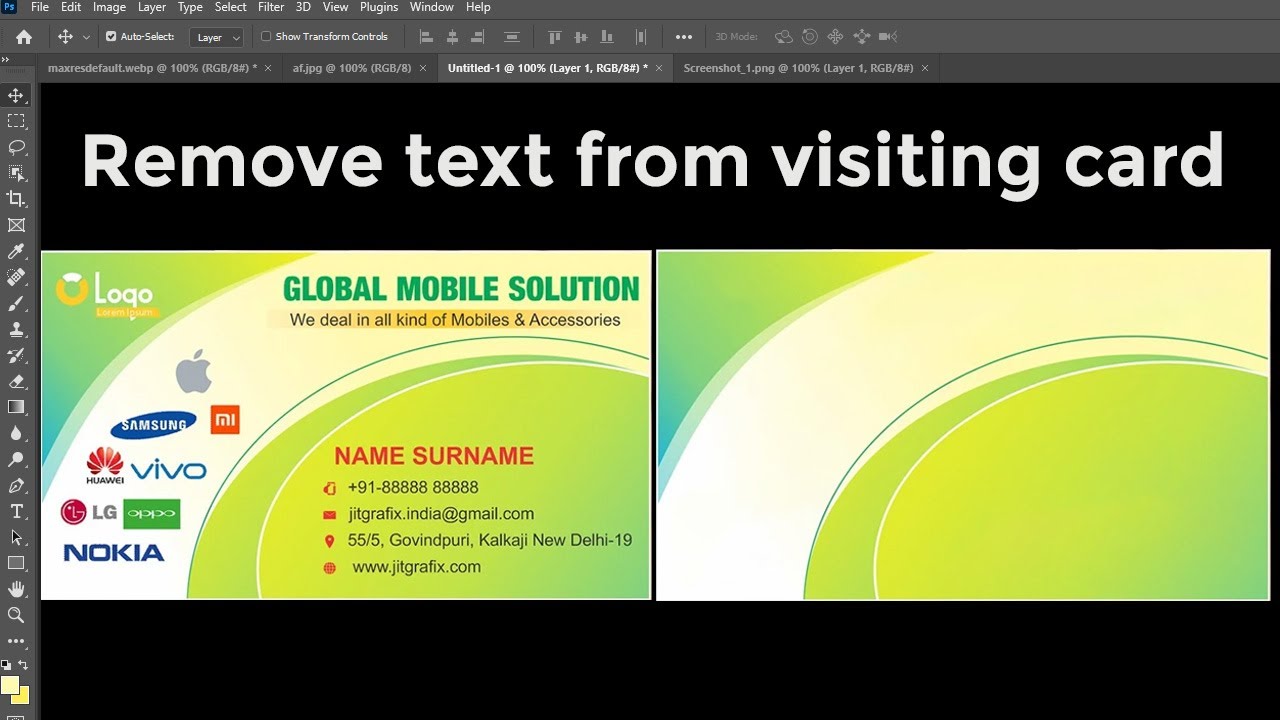 Remove text from visiting card photoshop । Content aware fill in ...