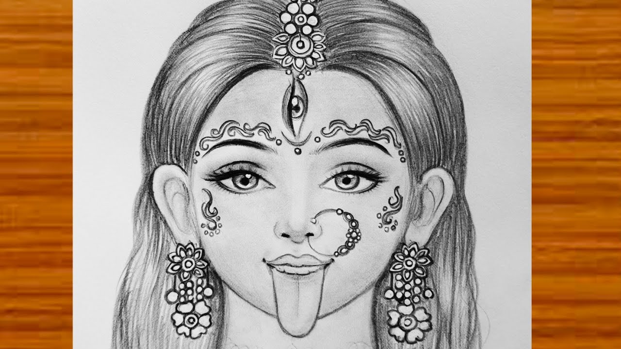 How to draw Maa Kali face pencil sketch for beginners | Diwali special ...