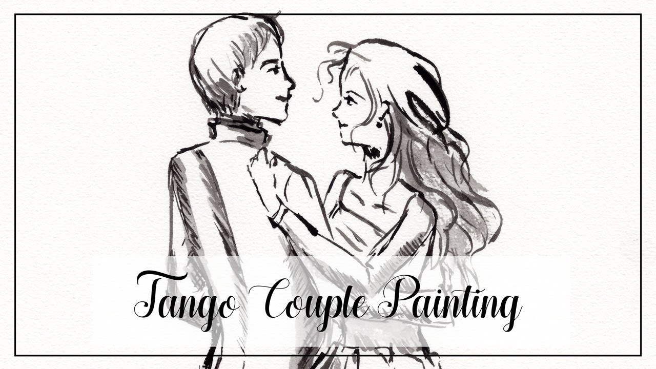 Desen cu un cuplu dansand tango - Painting a tango couple on paper ink ...