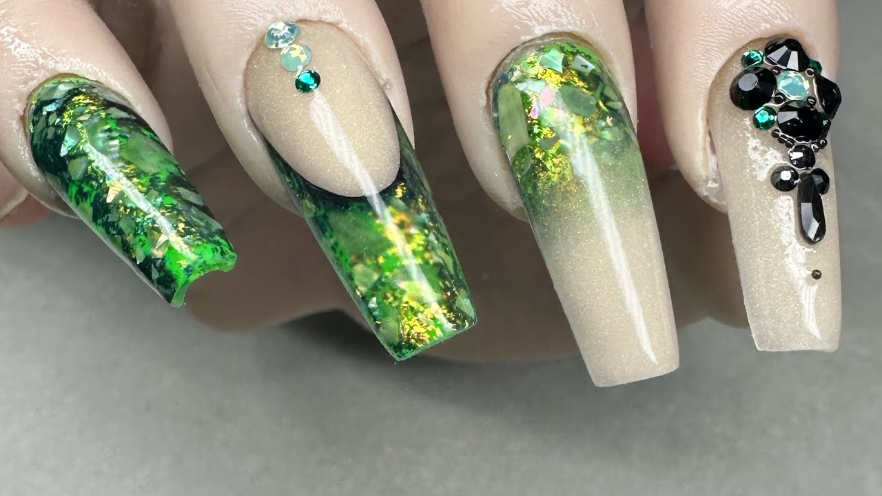 Green /chameleon flakes and green shell flexigel (polygel) nails - YouTube