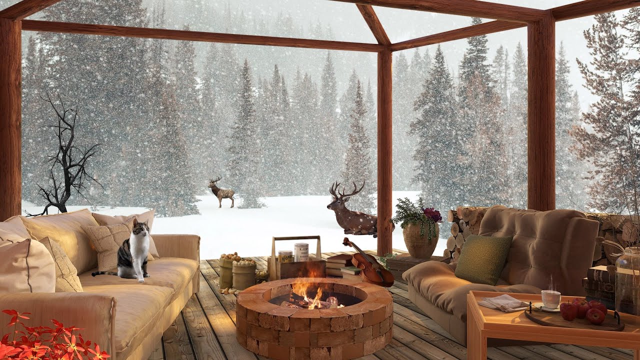 Cozy Terrace Winter Ambience with Snow Fall and Candles in Morning Day ...