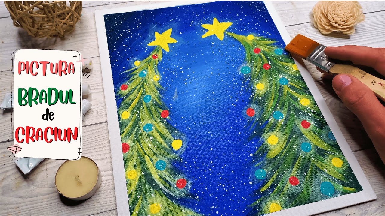 Pictura Usoara pentru Incepatori Pas cu Pas🎄Cum se picteaza BRADUL de ...