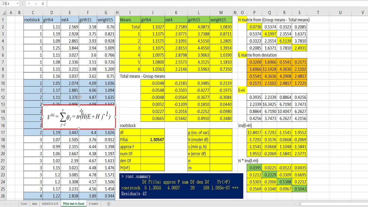 181 MANOVA : Pillai's test in Excel and R - YouTube