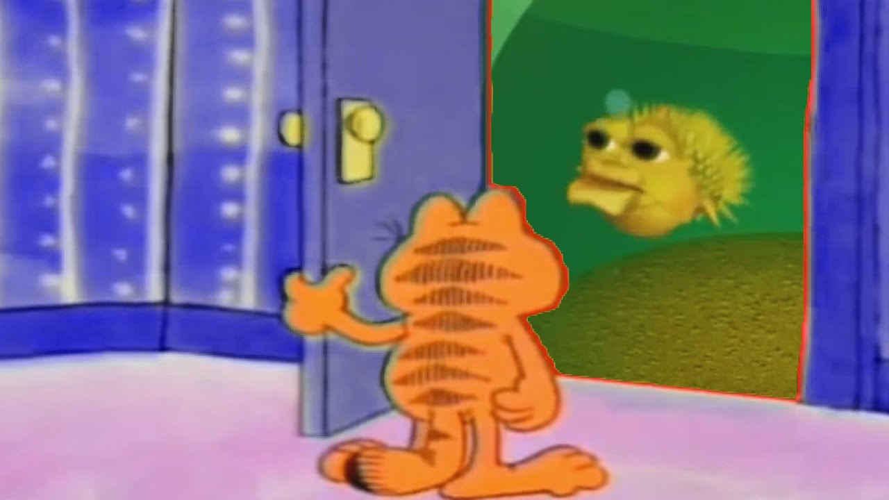 garfield answers the door to yellow puffer fish singing - YouTube