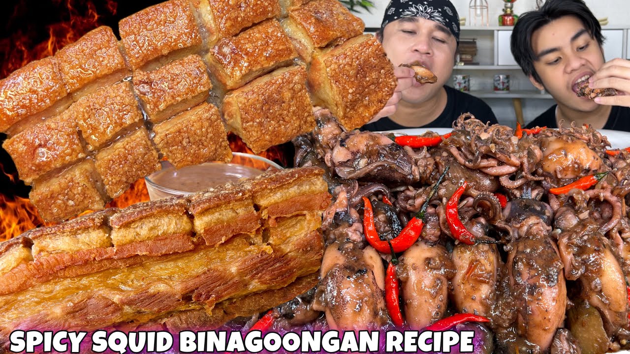 SPICY PUSIT BINAGOONGAN & LECHON KAWALI MUKBANG | PUSIT SHRIMP PASTE at ...