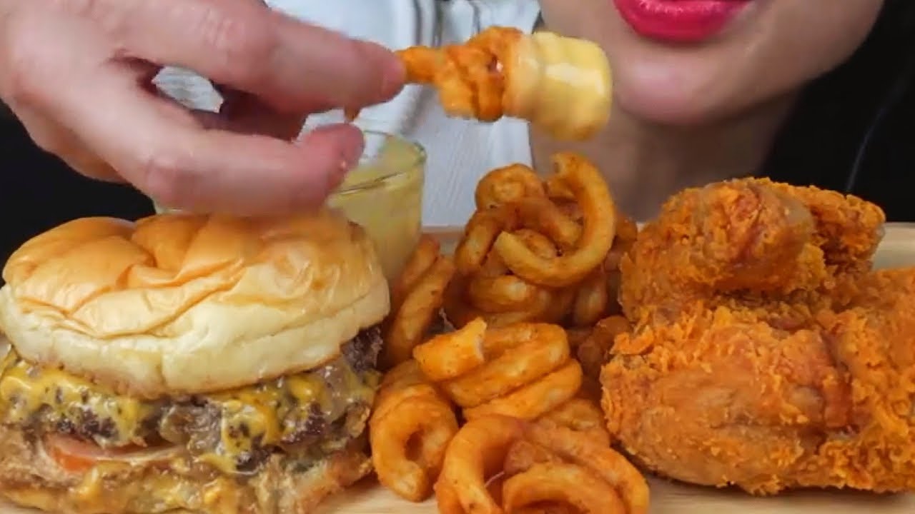 SAS-ASMR - ASMR Cheesy Burger + Fried Chicken + Curly Fries “BITES ONLY ...