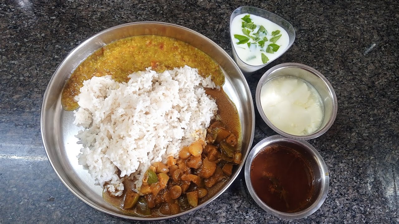 Simple lunch menu / Green gram dal / Moong dal / Brinjal tamarind gravy ...