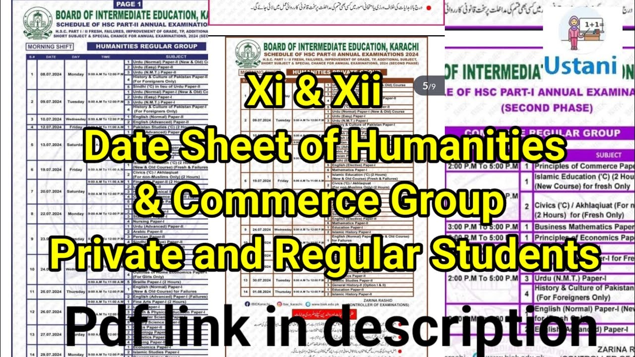 Xi And Xii Date Sheet of Humanities and Commerce Group 2024 by Ustani g ...