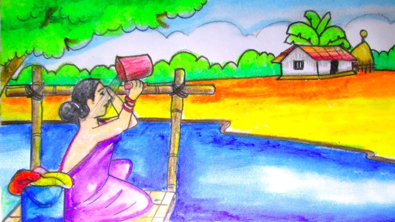 How to draw riverside village scenery| Rural woman takes bath beside ...
