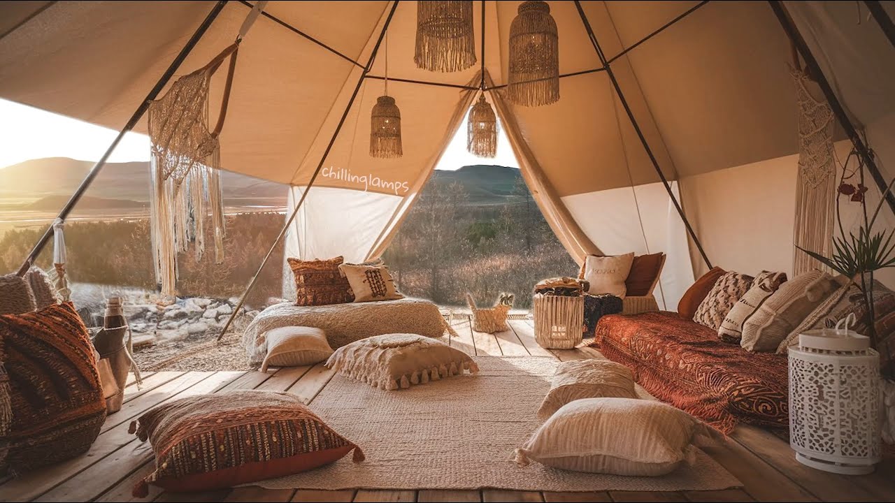 🏕 BOHO GLAMPING CON VISTA AL VALLE DEL RÍO | Interior acogedor, canto ...