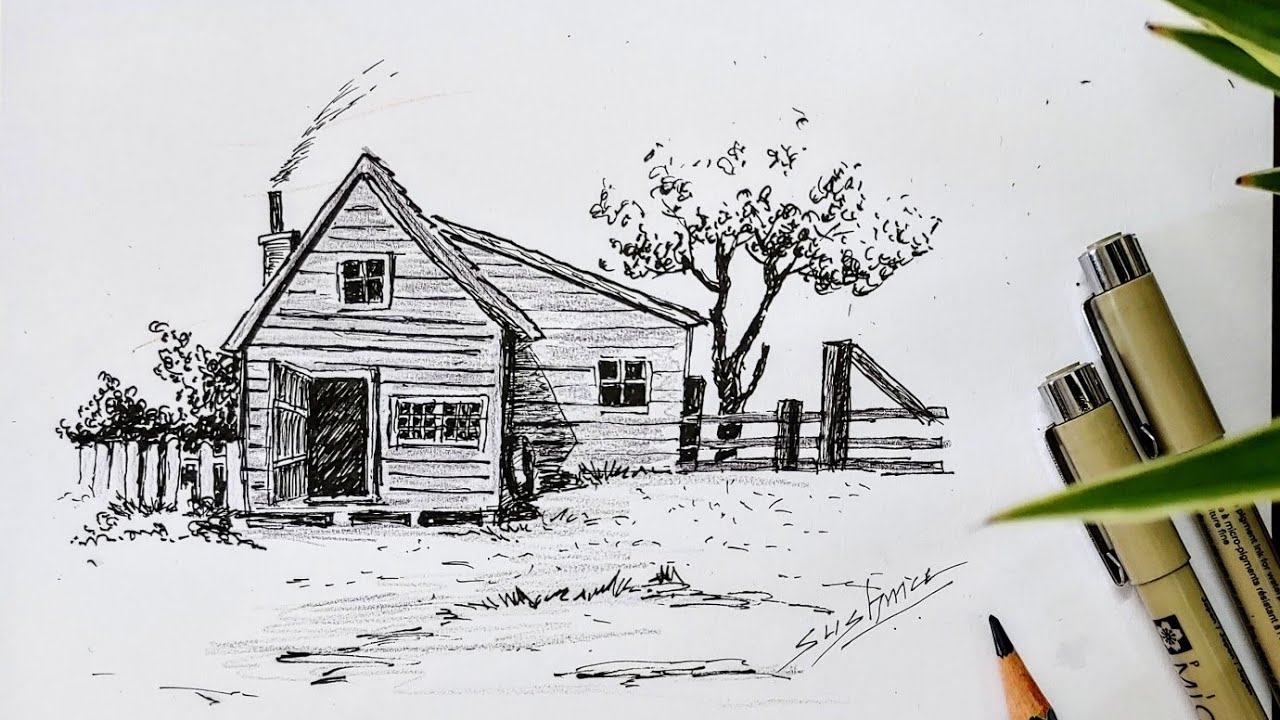 How to Draw a Scenery with Pen and Ink/ Easy Drawing Ideas for ...