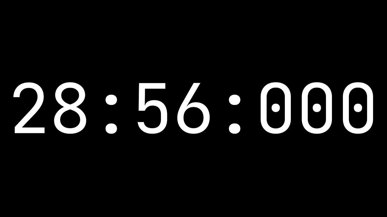 Countdown timer 28 minutes, 56 seconds [28:56:000] - White on black ...
