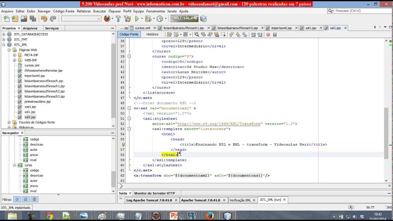 aula 5282 java para web III JSTL XML mais estilo XSL e pagina completa HTML usando X Transform ...