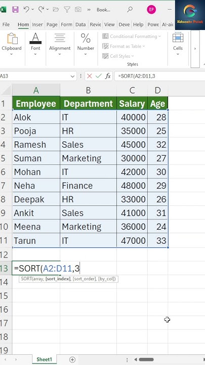 How to Use Sort Function in Excel #shortsvideo #excel #spreadsheetmagic #exceltips #viralvideo ...