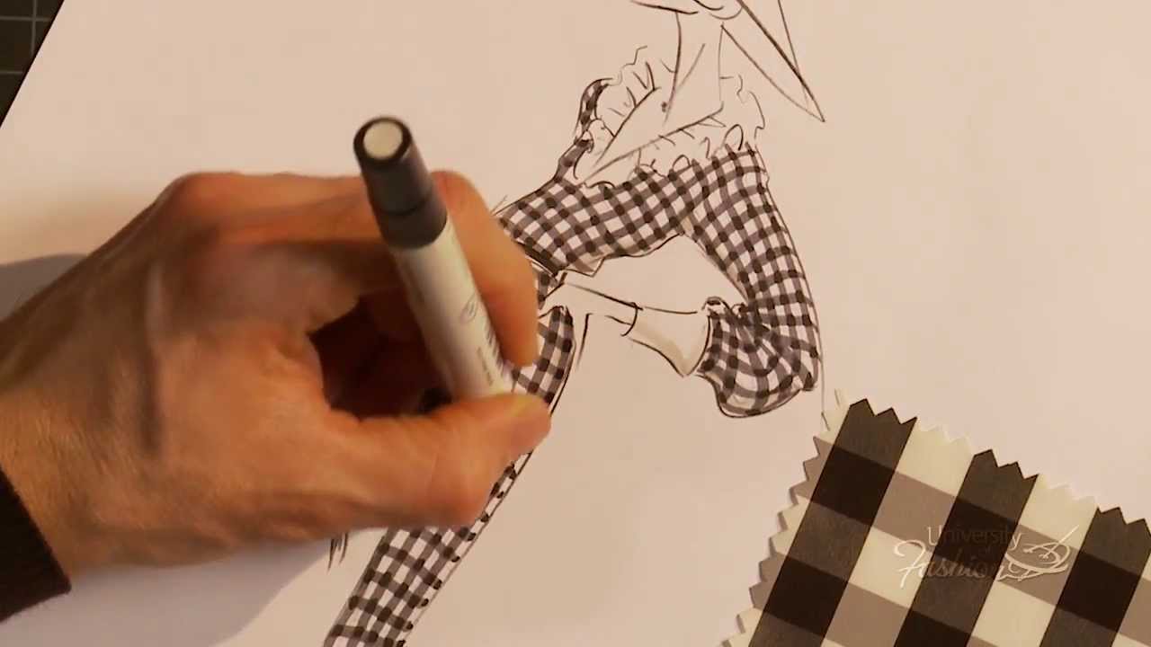 How to hand render a check pattern on a ruffle neck dress - YouTube