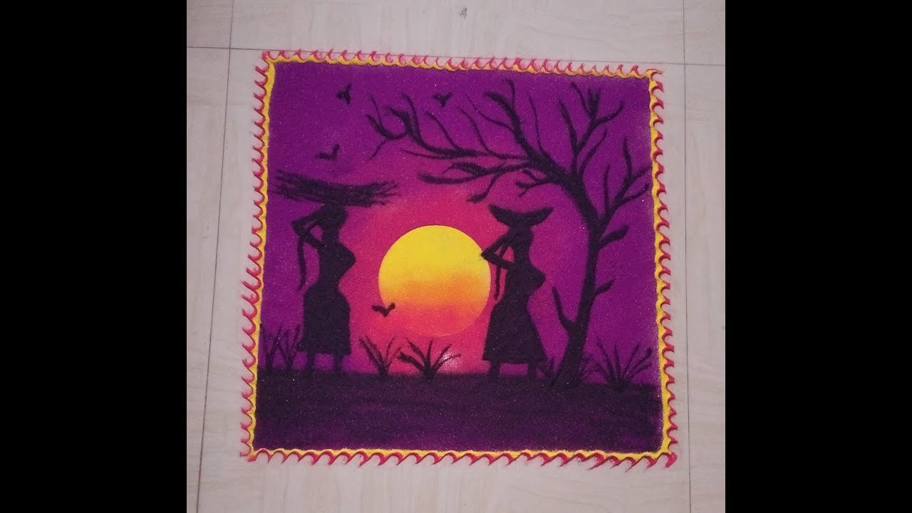 How to make sunrise nature rangoli village design - YouTube