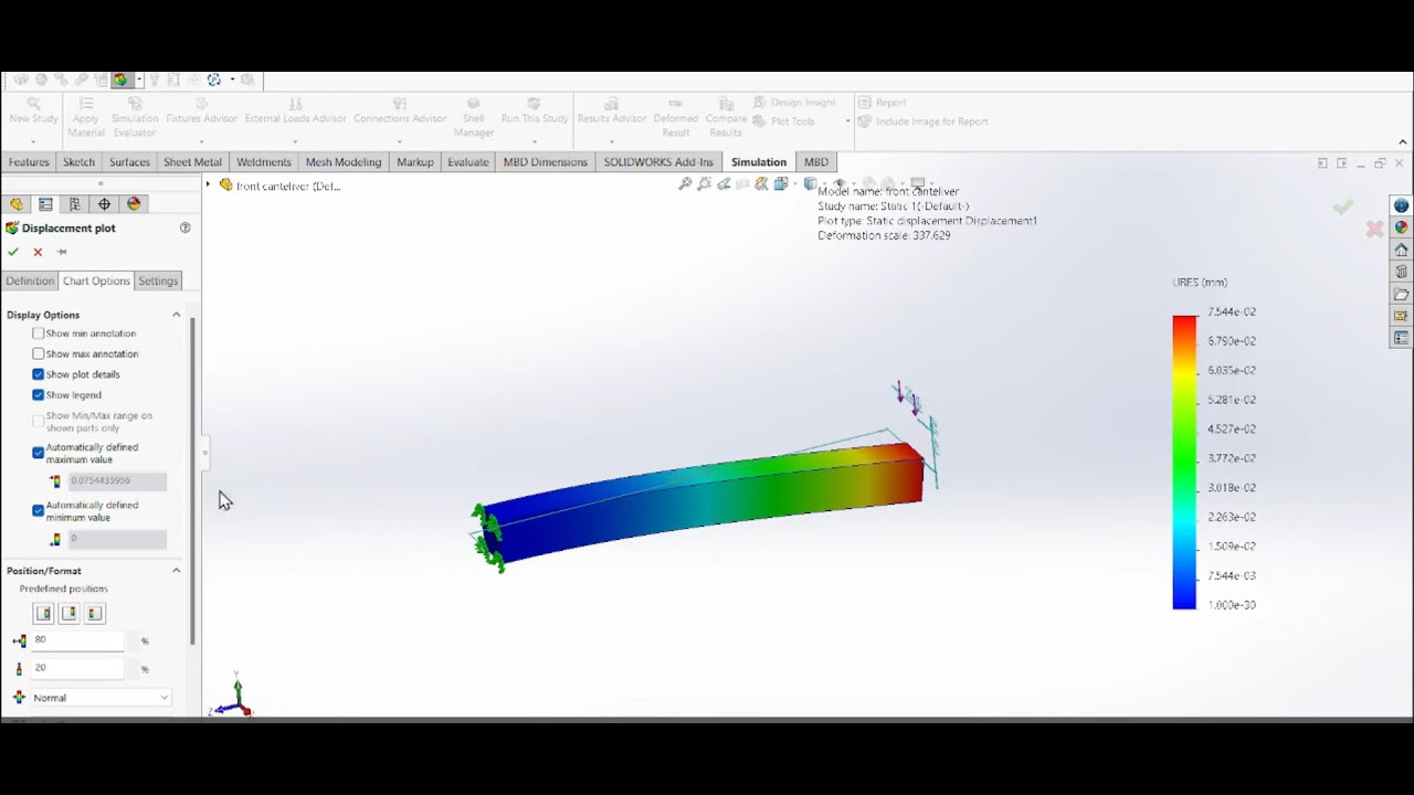 🔧 SolidWorks Simulation: Cantilever Beam Static Study | Displacement ...