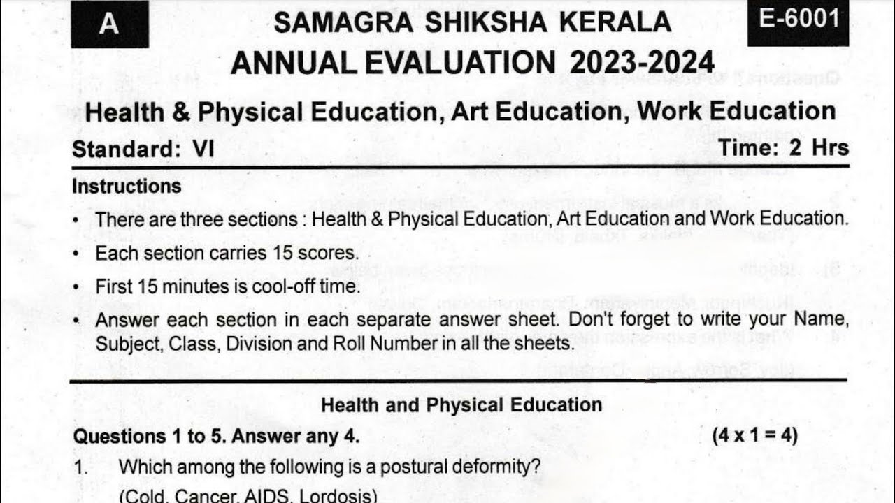 CLASS 6 Health physical Art Work Education Annual exam question paper ...