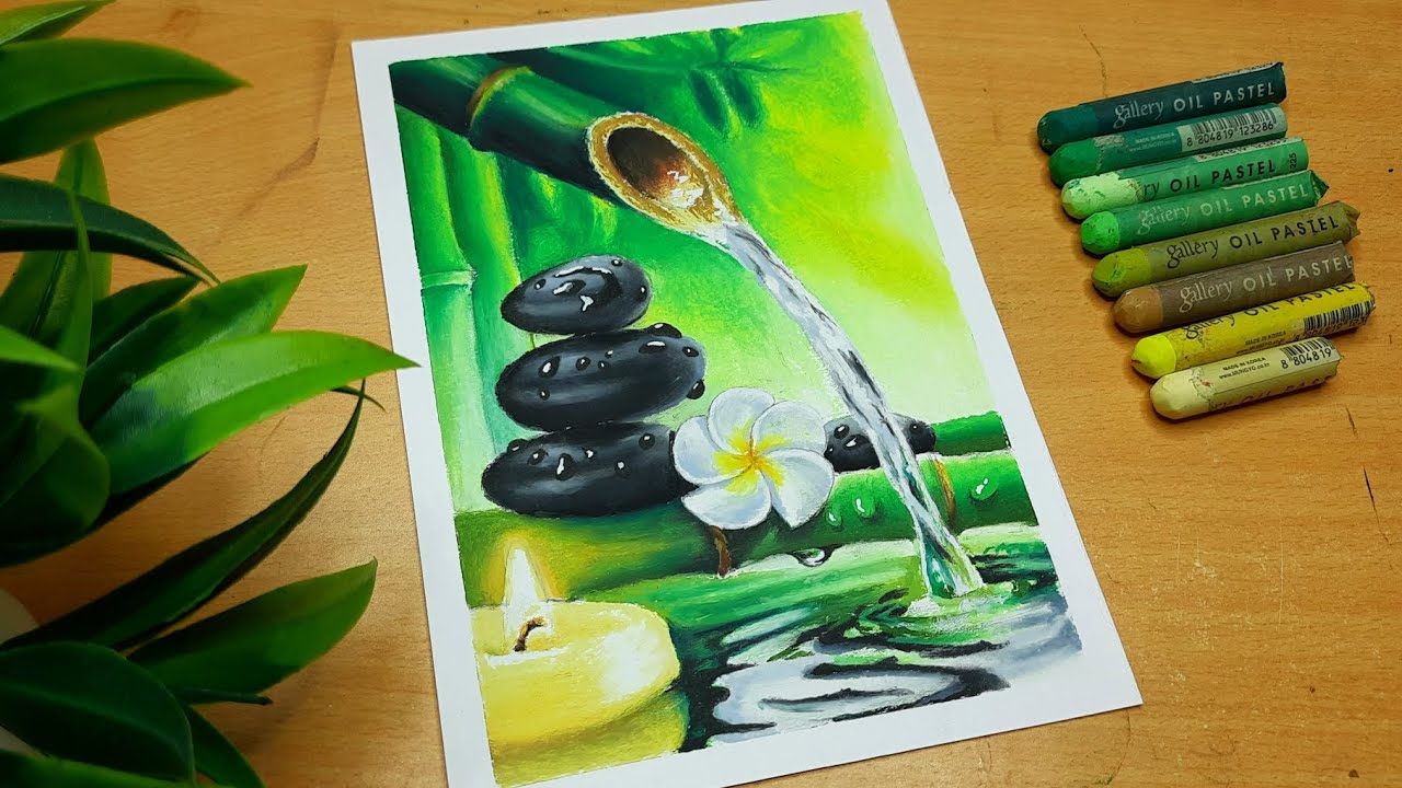 Drawing of Spring Water Flowing Through a Bamboo | Oil Pastel Drawing ...