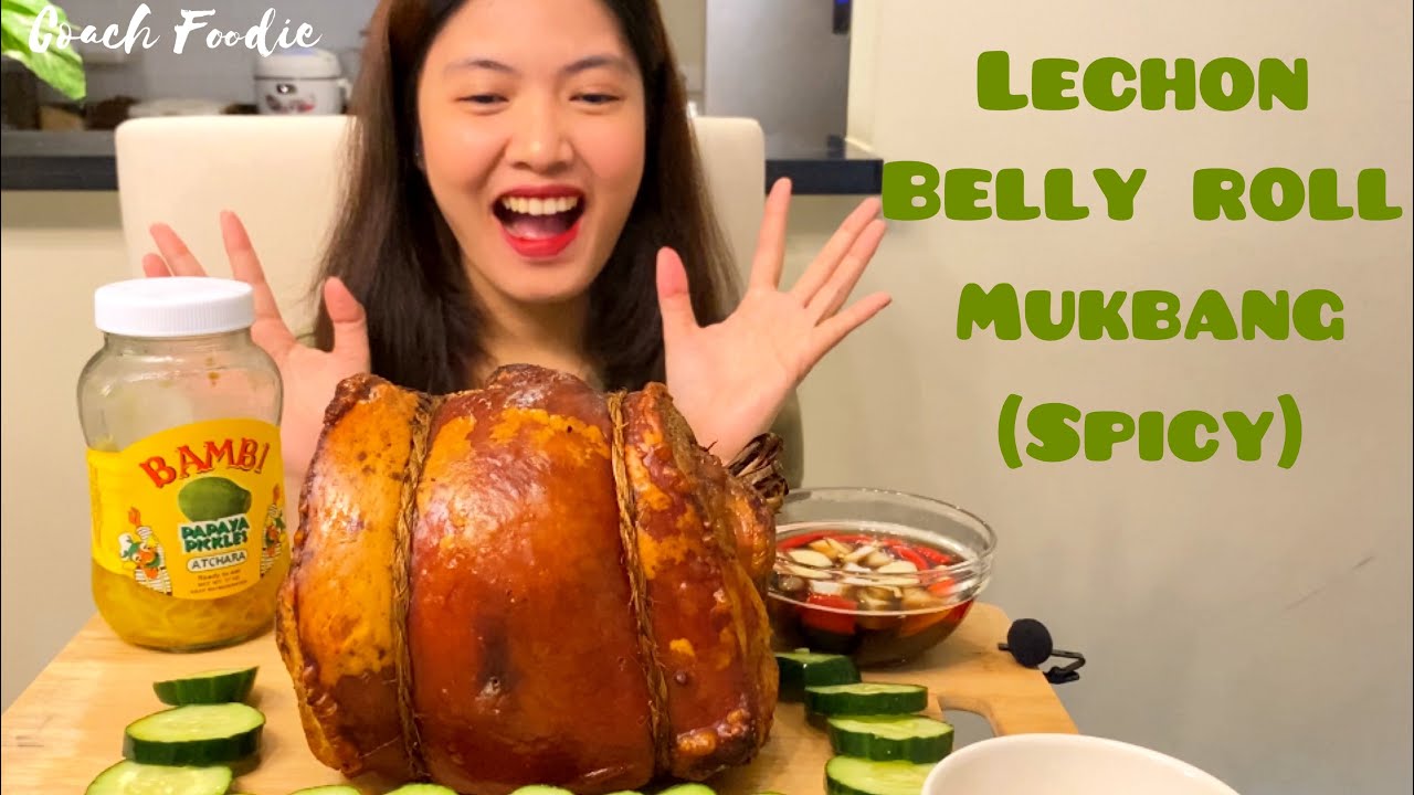 SPICY LECHON BELLY (ROAST PORK BELLY) MUKBANG w/ @Kim W ASMR | Coach ...
