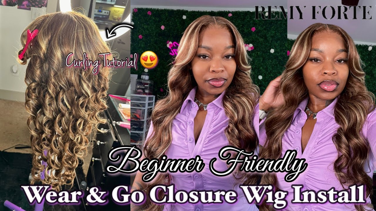 BEGINNER FRIENDLY WEAR & GO CLOSURE WIG INSTALL PRE -CUT LACE + CURLING ...