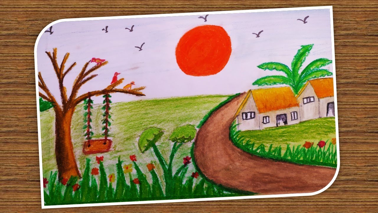 How to draw step by step easy and beautiful village drawing with color ...