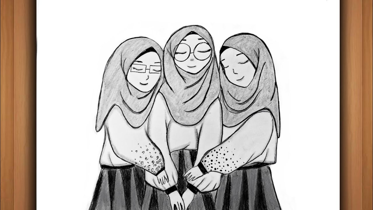 Hijab girls drawing best friend easy || drawing three best friend ...