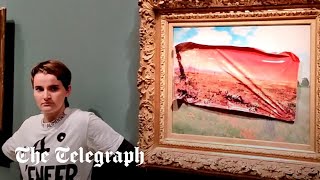 Watch: Climate protester sticks poster to Monet painting