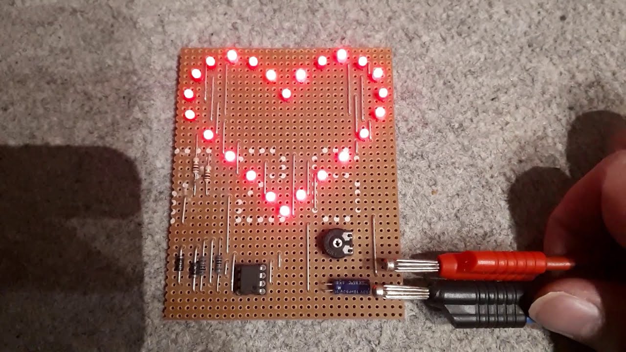 Blinking LED heart on strip board with NE555 @ 12V - YouTube
