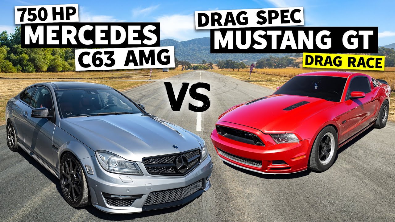 750hp C63 AMG drag races Twin Turbo Mustang on Big Slicks - YouTube