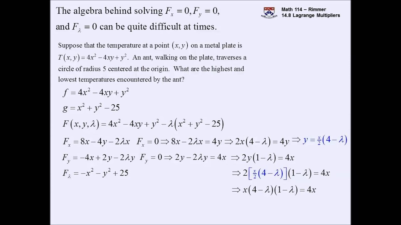 UPenn Math 114 Lagrange Multiplier Method Example 2 YouTube UPenn Math 114 Lagrange Multiplier Method Example 2 YouTube