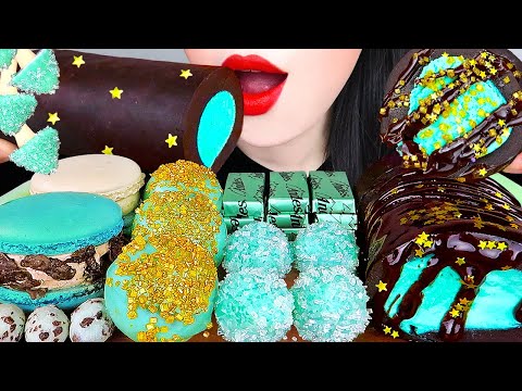 ASMR MINT CHOCOLATE CAKE, FROZEN JELLY, GOLD POP DESSERT, MACARON, CANDY MILK COOKING&EATING MUKBANG