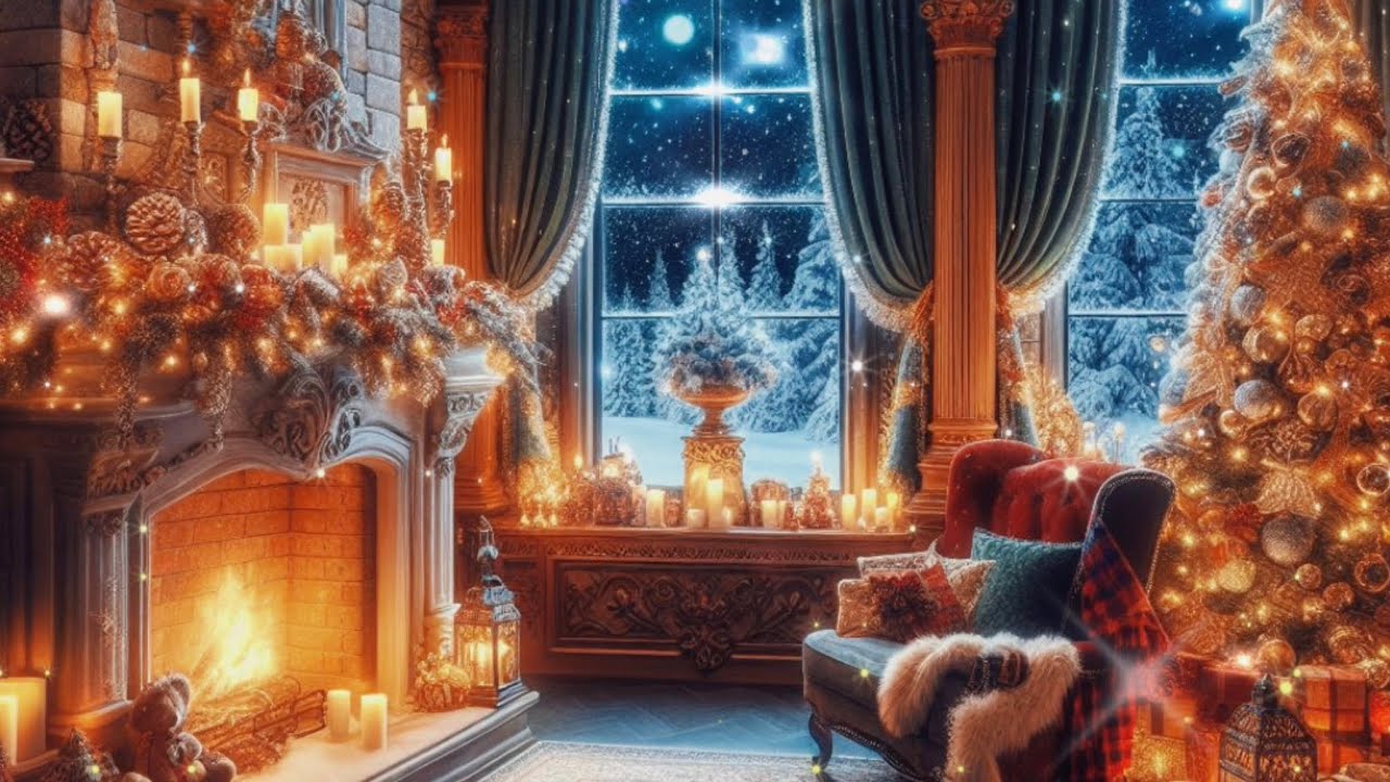 Christmas Fireplace on a Snowy Winter day with relaxing music,Christmas ...