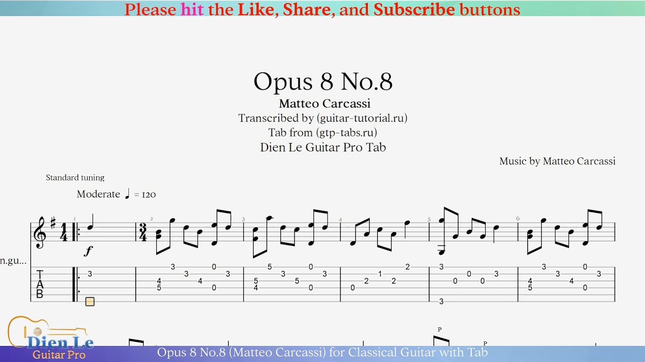 Opus 8 No.8 (Matteo Carcassi) for Classical Guitar with Tab - YouTube