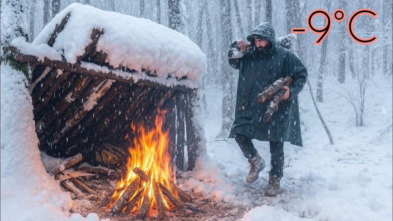 2 Days Solo Camping in Snowstorm – Survival Shelter, Wooden Bed, Fire ...