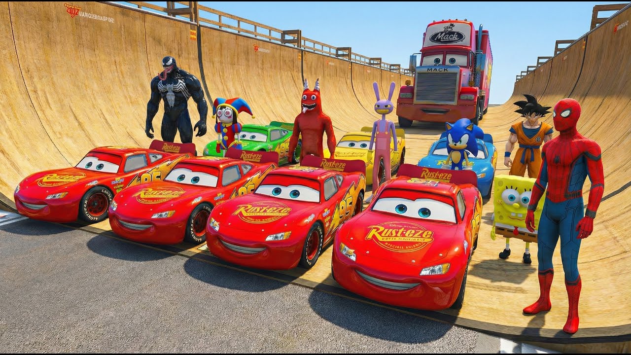 GTA 5 All Lightning McQueen Cars Mega Ramp Jump into Water 😱 | Disney ...