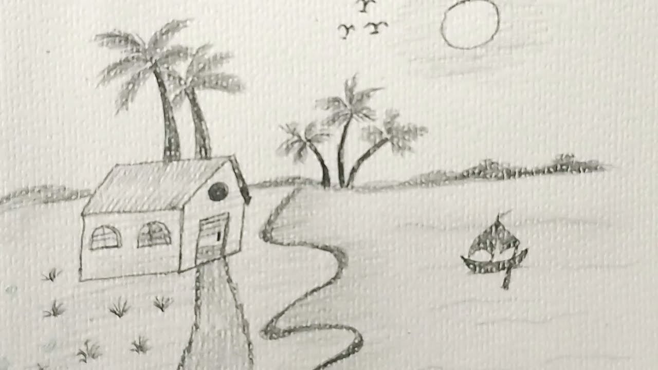 Drawing of a house at the bank of river || beautiful river side scene ...