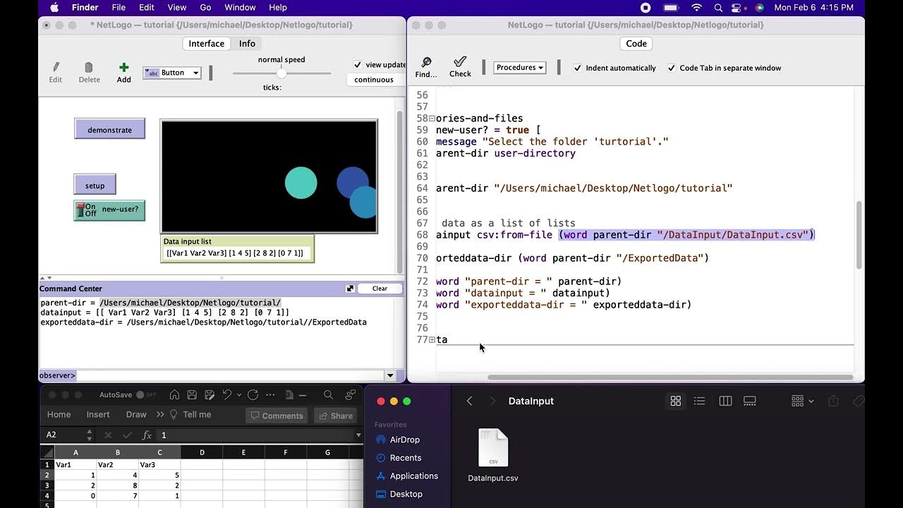 Netlogo import and export csv data beginner tutorial ~ csv extension - YouTube