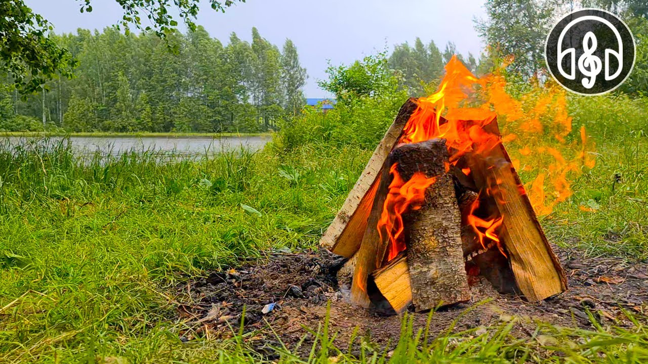 Fire Sounds By A Beautiful Lake With Rain Sounds For Sleep And ...